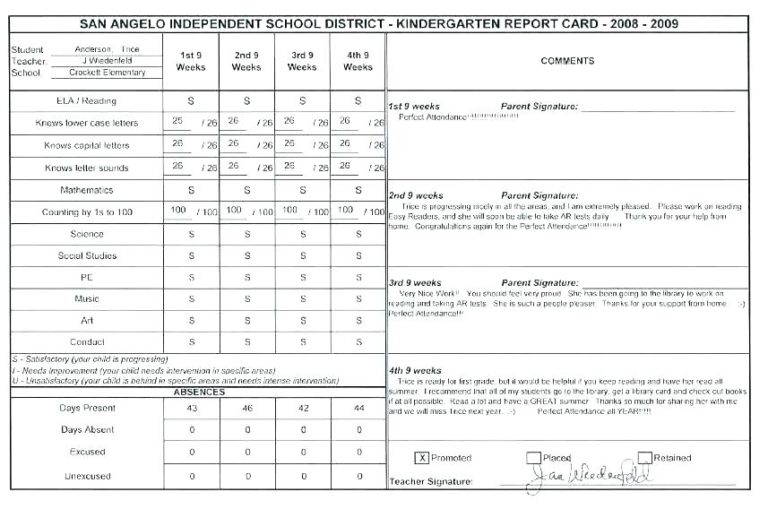 Kindergarten Report Card Template (1) - PROFESSIONAL TEMPLATES ...