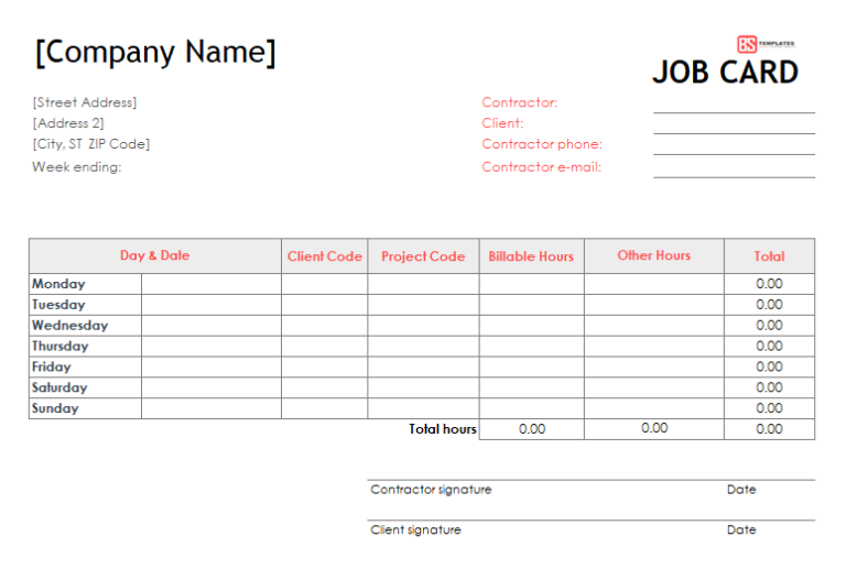 Job Card Templates Excel (5) - PROFESSIONAL TEMPLATES | PROFESSIONAL ...