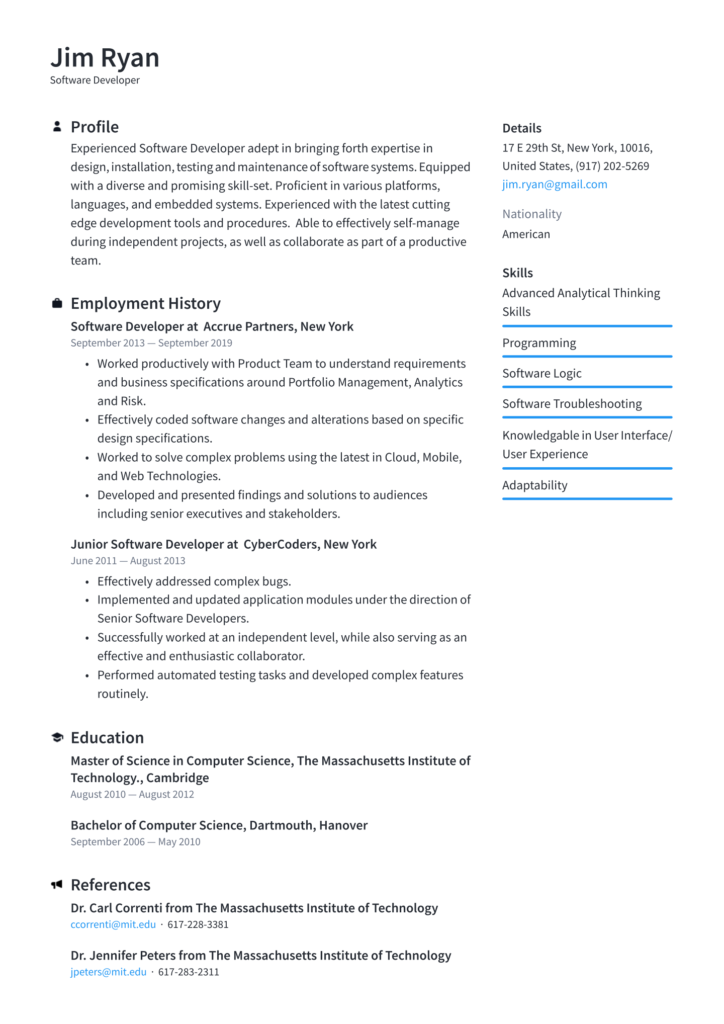 Resume Templates Software Engineer (5) - PROFESSIONAL TEMPLATES ...