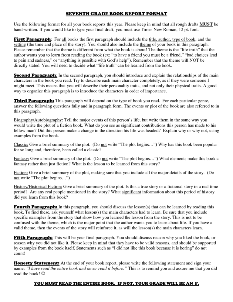 Book Report Template For 7th Graders (2) - PROFESSIONAL TEMPLATES ...