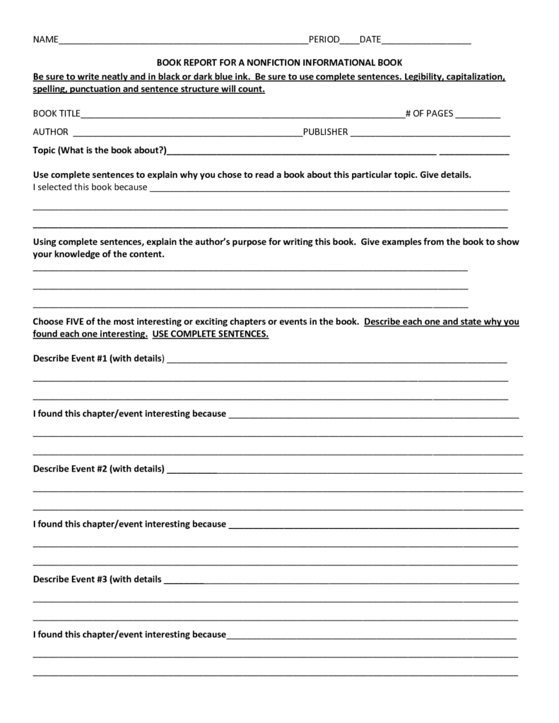 Book Report Template 4th Grade Nonfiction - PROFESSIONAL TEMPLATES ...